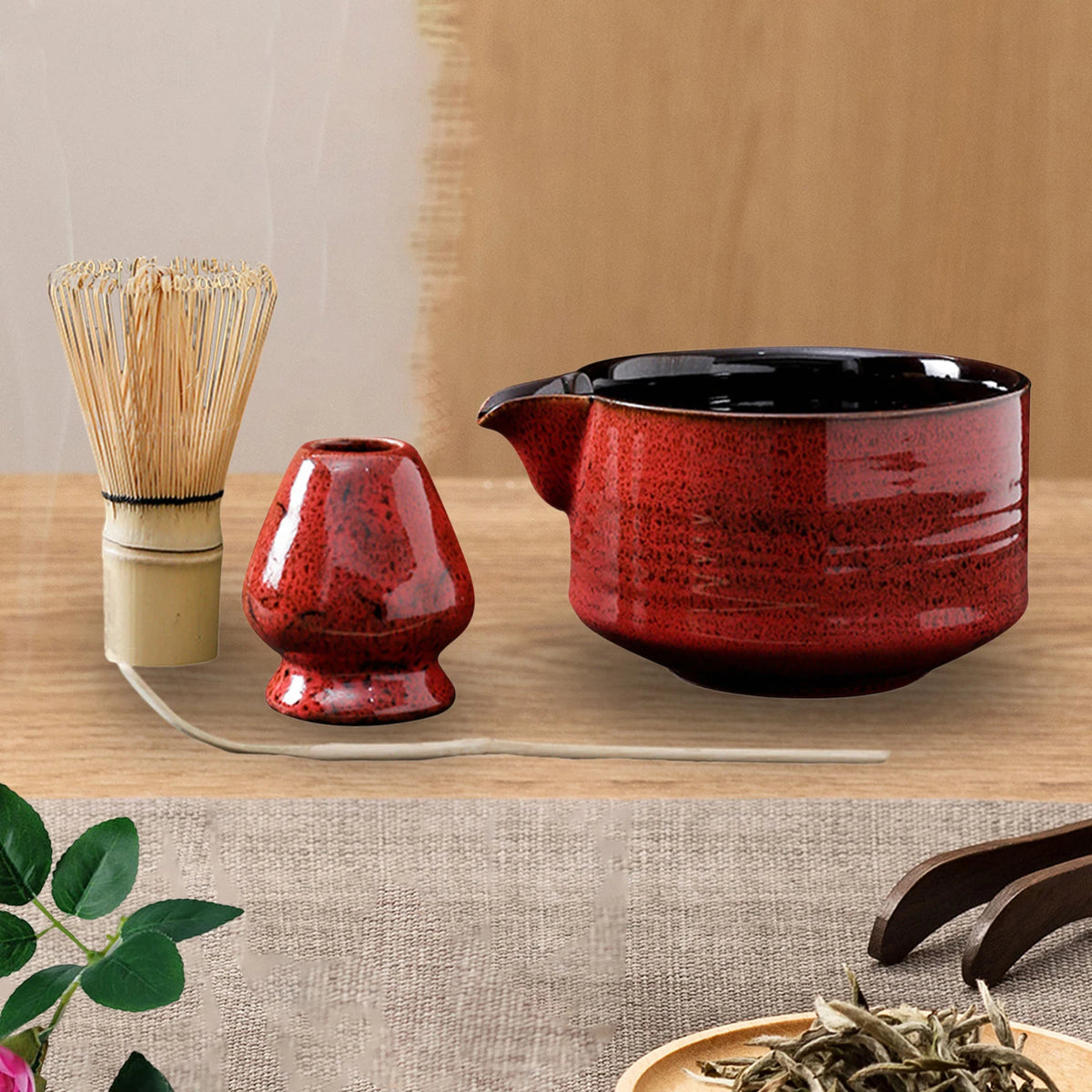 Red Matcha Set | Order Japanese Tea Bowl Whisk Holder Online - 4 Pc – Beautiful Chopsticks