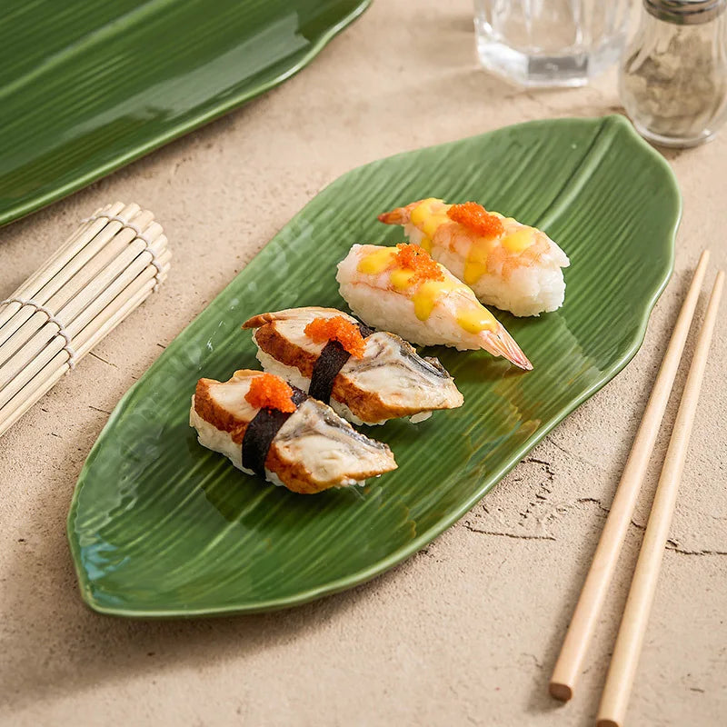 Bamboo Leaf Sushi Plates Green Japanese Ceramic Platter 1 Pc