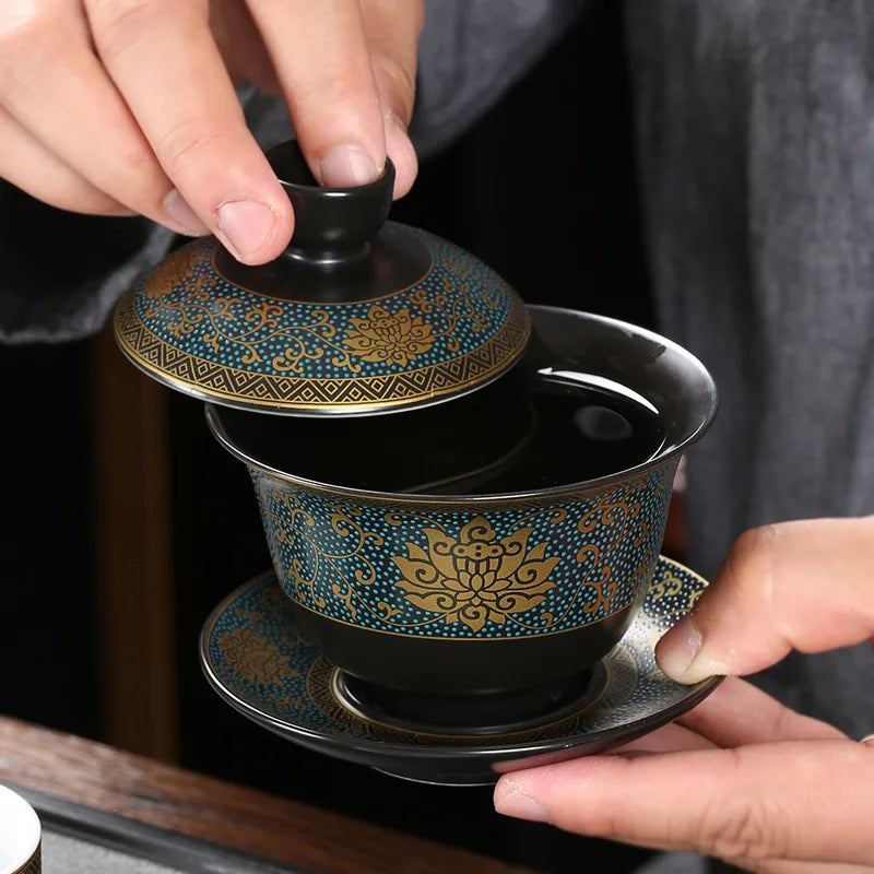 Traditional Lotus Chinese Tea Bowl Gaiwan | Black Lid Bowl Saucer Set ...