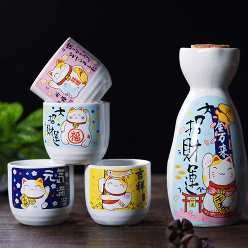 Lucky Cat Sake Set | Cartoon Tokkuri Sake Bottle and Cup - 5 Pcs ...