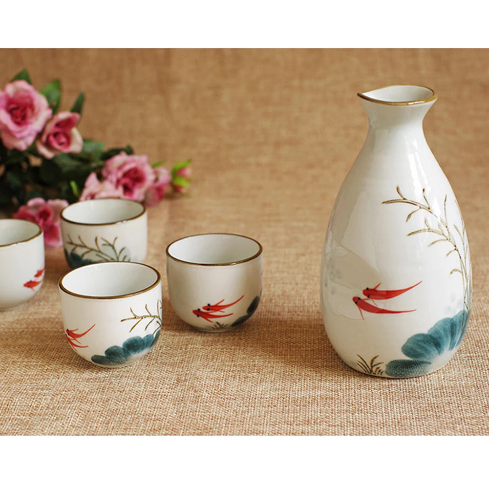 White Koi Pond Sake Set | Porcelain Sake Cups & Wine Bottle - 5 Pc ...