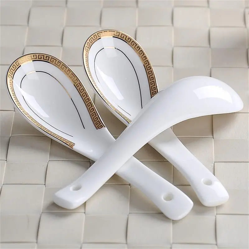 White & Gold Bone China Spoon | Chinese Asian Soup Spoons - 6 Pc Set ...