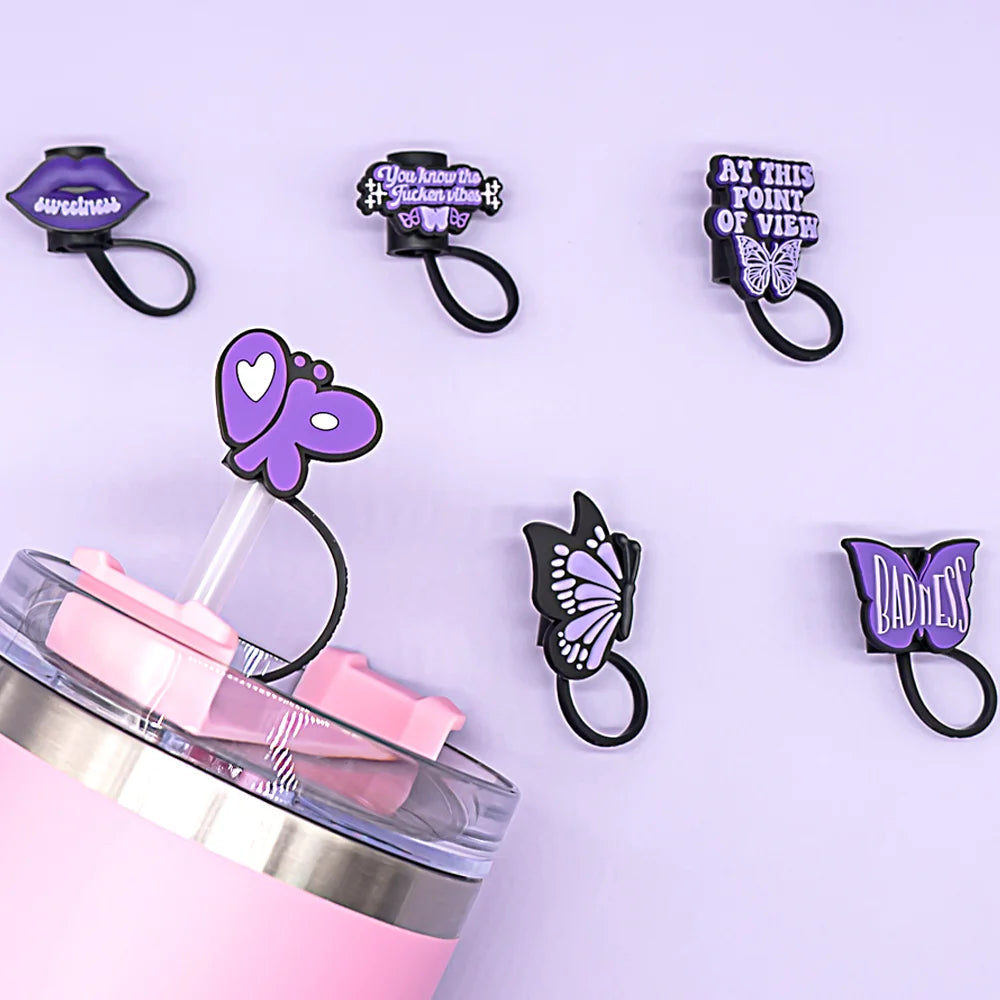 Purple Butterfly Straw Toppers | Silicone Cup Covers - 6 Pc Set ...