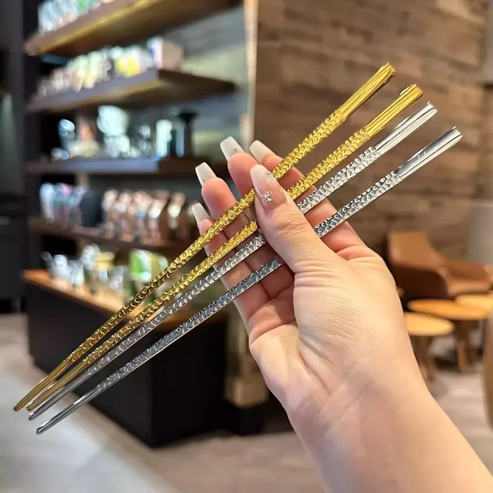 Silver & Gold Stainless Steel Chopsticks | Korean Metal Hammered Pair ...