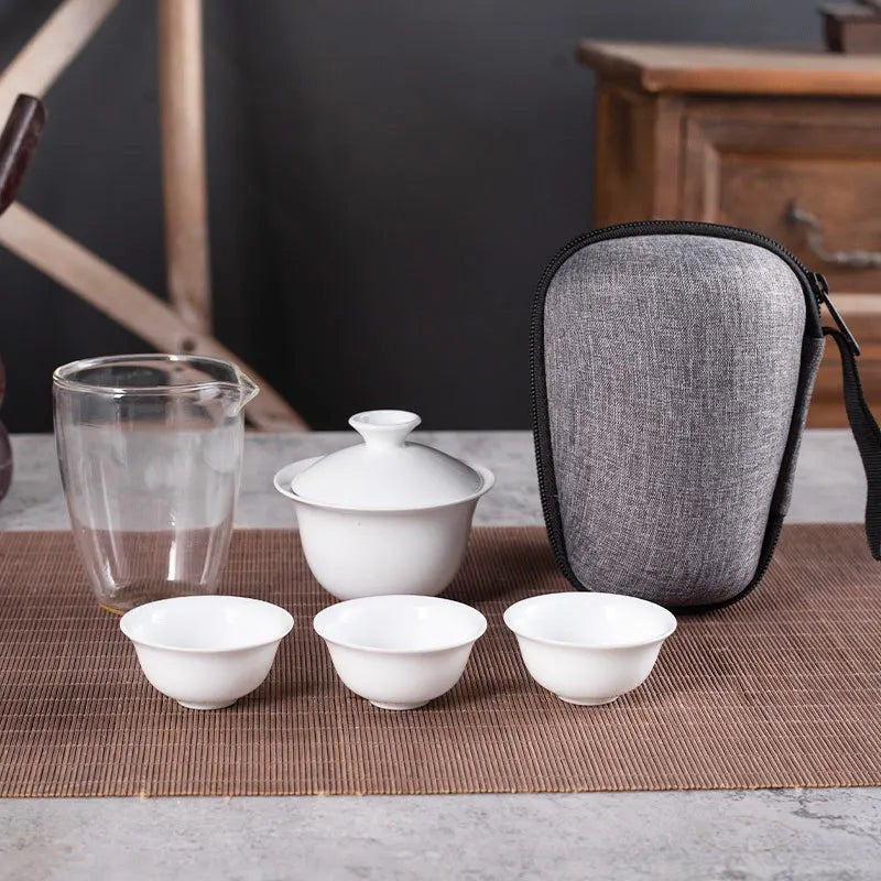 White Porcelain Chinese Tea Set with Travel Case | Gong Fu Tea Cup ...