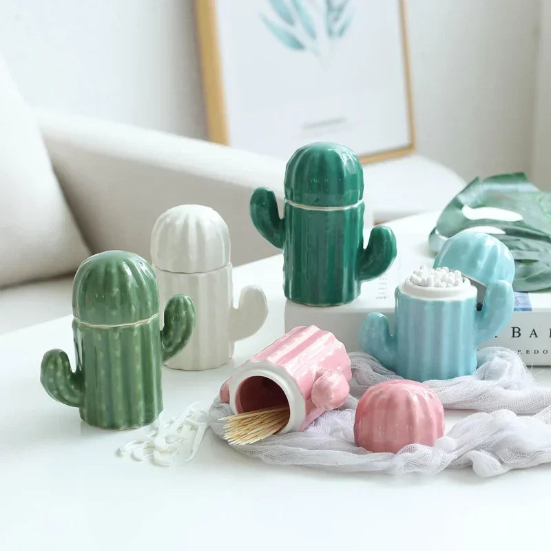 Ceramic Cactus Toothpick Holder | Green Jar with Lid - 1 Set ...
