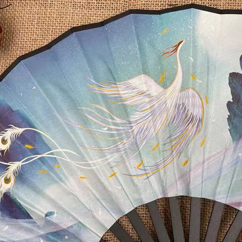 White Phoenix Bird Silk Chinese Fan | Traditional Bamboo Folding 1 Pc ...