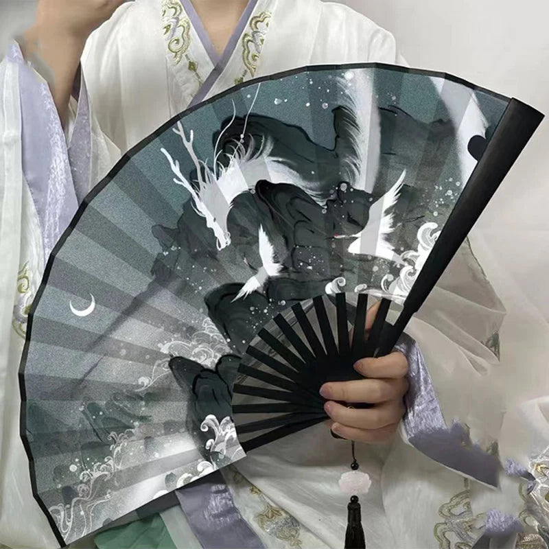 Large Dragon in Mountains Bamboo Handheld Chinese Fan with Case - 1 Pc ...