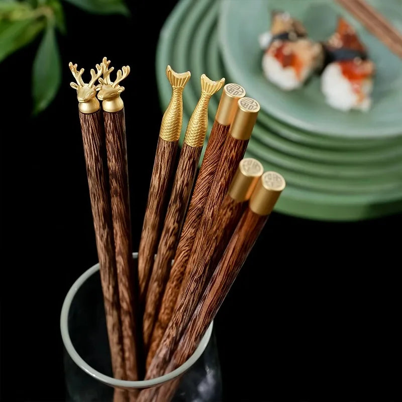 Natural Wood Gold Accent Wooden Luxury Chinese Chopsticks - 5 Pair Set ...