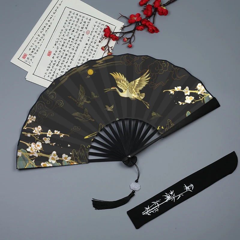 Gold Crane Bird Chinese Hand Fans | Buy Folding Fan Silk Cloth - 1 Pc ...