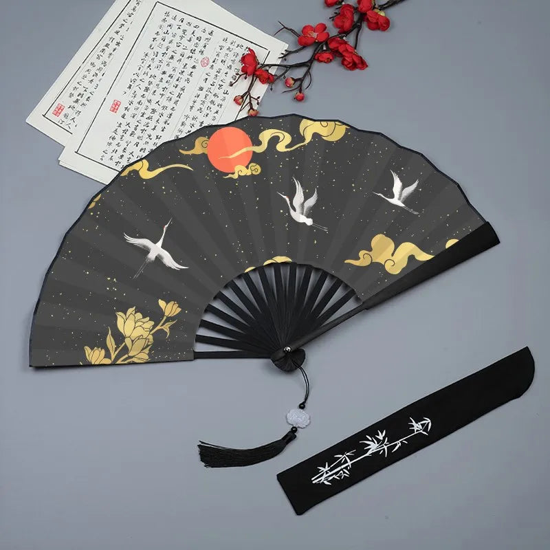 Black & Gold Crane Chinese Hand Fans | Folding Fan Silk Cloth - 1 Pc ...