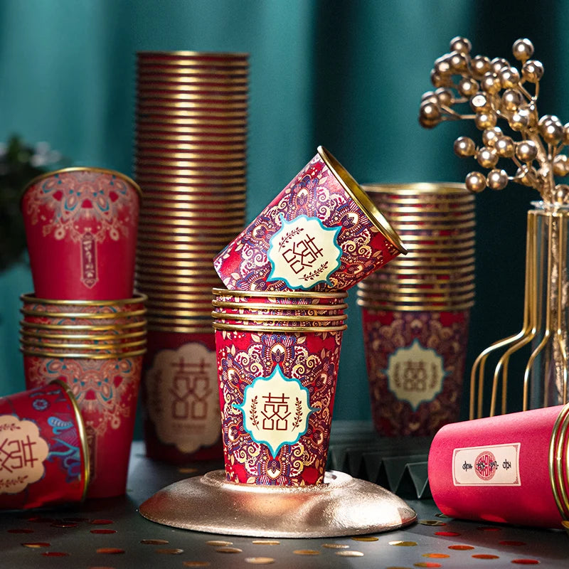 Red Chinese Wedding Paper Cups | Gold Disposable Tea Ceremony - 50 Pcs ...