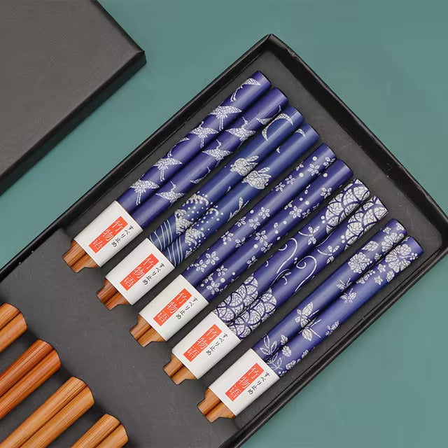 Decorated Japanese Style Blue Flowers Bamboo Chopstick Set (5 pairs ...